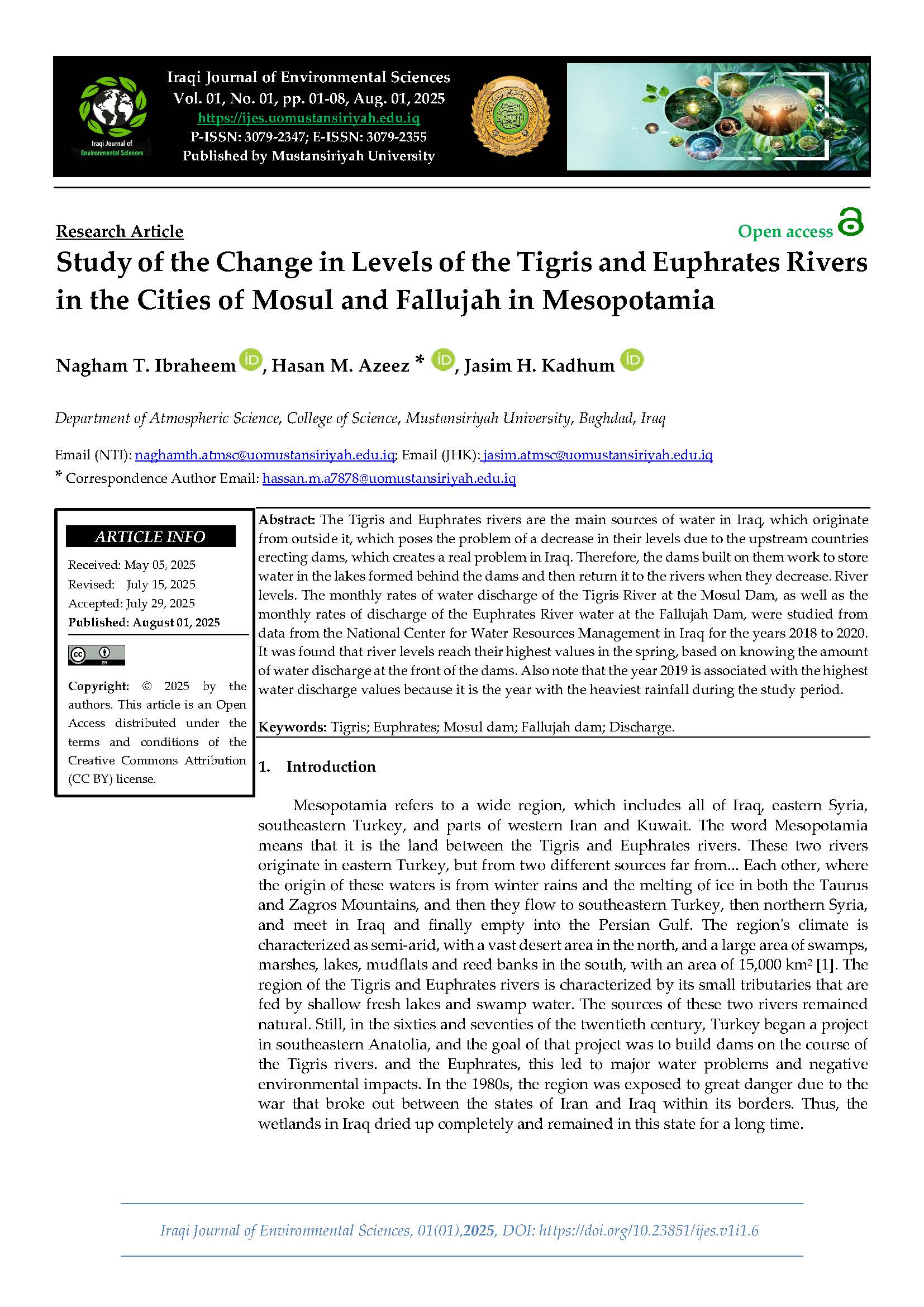 Study of the Change in Levels of the Tigris and Euphrates Rivers in the ...